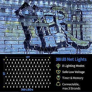 12ft x 5ft Christmas Lights Outdoor, 360 LED Net Lights with 8 Modes, Connectable, Plug in Bush Mesh Lights Christmas Fairy Twinkle Lights for Garden, Party, Xmas Tree Decorations (White)