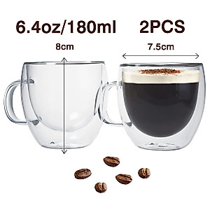 Kitchenexus Glass Espresso cups, Set of 2 6oz Double Wall Thermo Insulated Glass Espresso Shot Cups Set with Handle, Espresso Mug, Coffee Cups for Espresso and Cappuccino, Great Gift for Coffee Lover