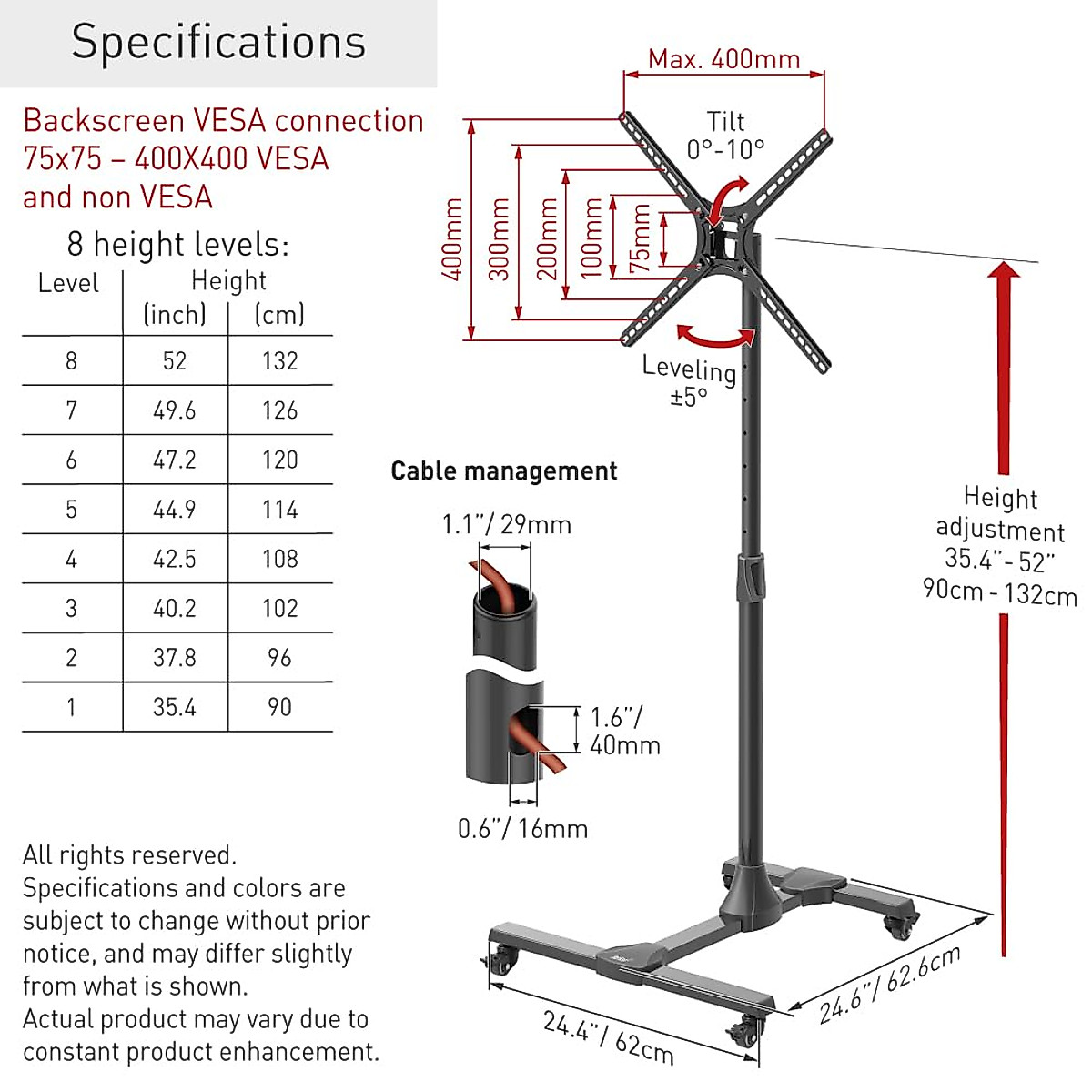 Barkan Mobile TV Cart 13-65 inch Tilt and Height Adjustment Stand, Holds Up to 80 lbs, Glossy Finish, Lockable Wheels, 5 Year Warranty, Rolling Trolley, Fits LED OLED LCD, Black