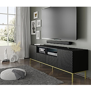 Homlando Ravenna C TV Stand 79" – Center with Storage for Living Room – Gaming Center for TVs Up to 85” – LED TV Unit - TV Entertainment – Lowboard TV Cabinet – Black Matte with Black Gloss Fronts