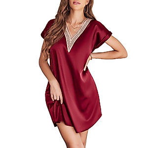 Ekouaer Sleepwear Women's Satin Nightgown Lace V Neck Nightdress Short Sleeve Silk Pajama Sexy Nightwear Wine Red Medium