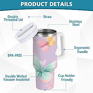 PaChyLuu 30 oz Insulated Tumbler with Handle and Straw Lid, Cute Butterflies Colorful Leak-Proof Stainless Steel Travel Coffee Mug for Car Cup Holder
