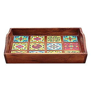 Countryside Decorative Wooden Serving Tray with Ceramic Tiles - Indian Vintage Handmade Large Ottoman Tray Boho Decor - 15 x 11.5 x 2.25 Inches