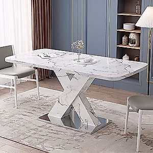 Modern Marble Top Dining Table, Extendable Marble Dining Table for 4-6, Expandable Dining Table with Faux Marble Top and Crossed Pedestal Base, Large Dining Table for Dining Room Kitchen (White)