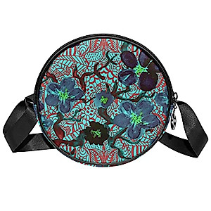 Dark Blue Watercolor Flower Abstract Branches Crossbody Bag for Women Teen Girls Round Canvas Shoulder Bag Purse Tote Handbag Bag