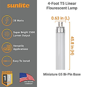 Sunlite 30335 F28T5/835 4 Foot T5 Linear Fluorescent Lamp, 28 Watts, 2500 Lumens, 3500K Neutral White, Miniature G5 Bi-Pin Base, ROHS Compliant, High Performance Straight Tube, 40 Pack