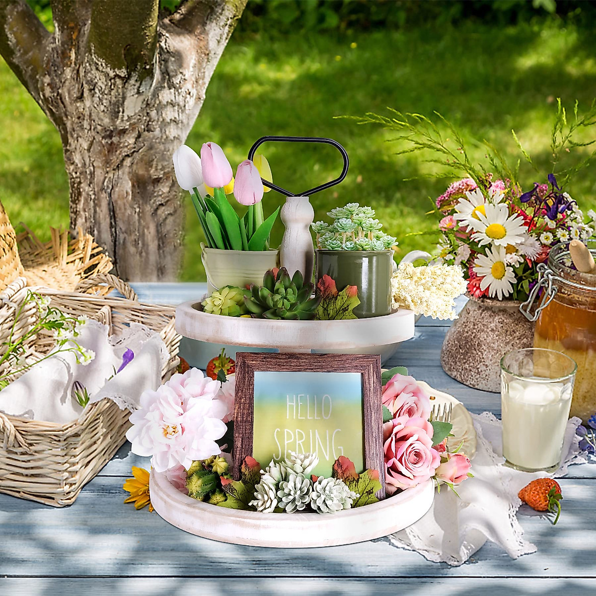 Mustry Rustic Wooden 2 Tiered Tray, Round Farmhouse Kitchen Table Decor Serving Tier Tray, Food Fruits Cupcake Display Coffee Bar Home Party Seasonal Decorations (White)