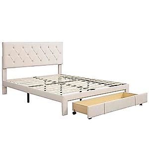 OTRIEK Queen Size Velvet Upholstered Platform Bed Frames with Large Storage Drawer/Headboard, Mid-Century Modern Platform Bed with Solid Wood Slat Support for Bedroom Boys Girls Adults Teens, Beige