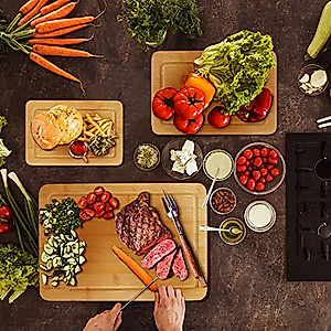 Comhoma Bamboo Cutting Board (3 Piece Set) Wood Cutting Board Kitchen Chopping Board with Juice Groove and Serving Tray for Meat Vegetables Fruits Cheese