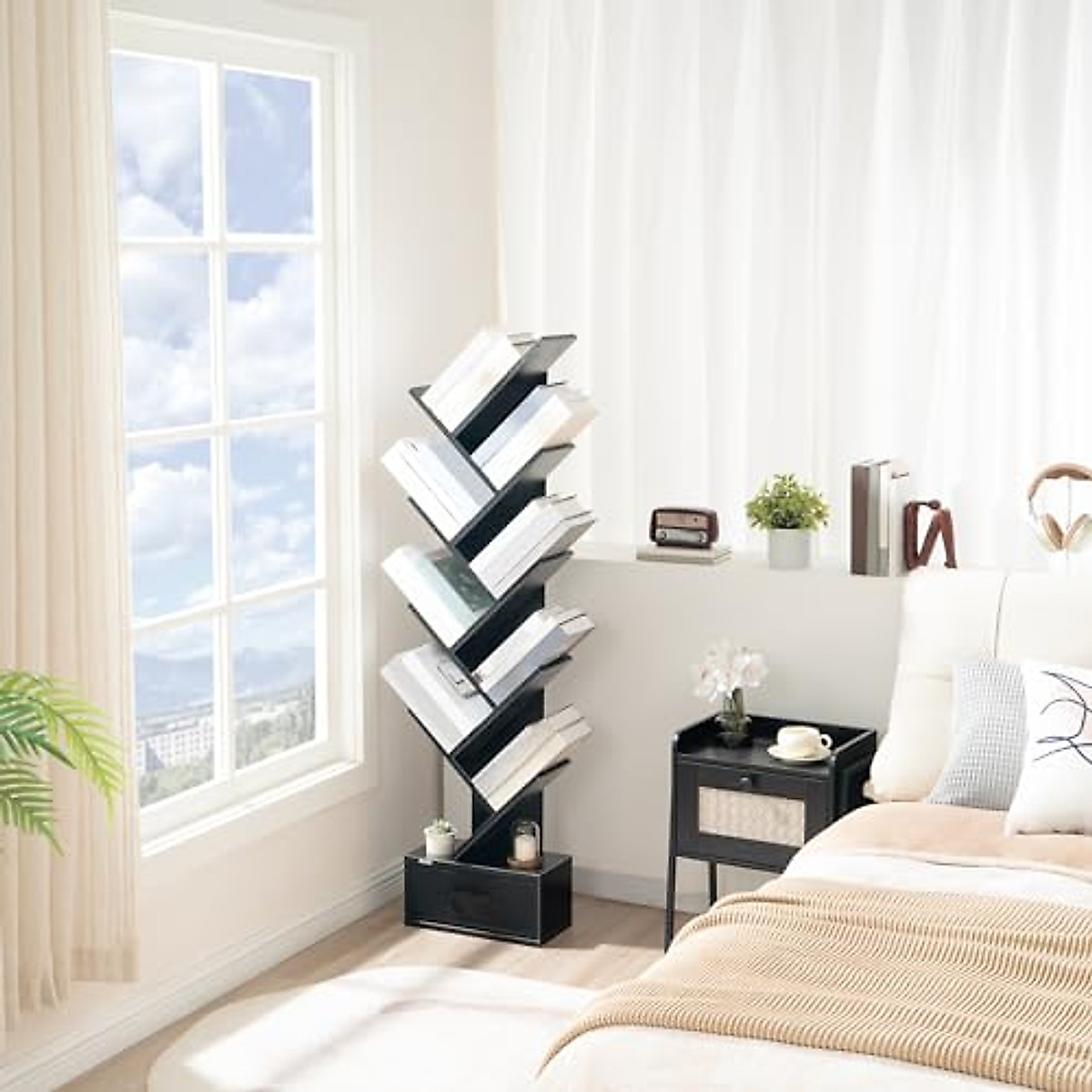 MAHANCRIS Tree Bookshelf, 9-Tier Bookshelf with Drawer, Wooden Book Storage Rack, Floor Standing Bookcase, Utility Organizer Shelves for CDs/Books/Movies, for Living Room, Home Office, Black BKB7101