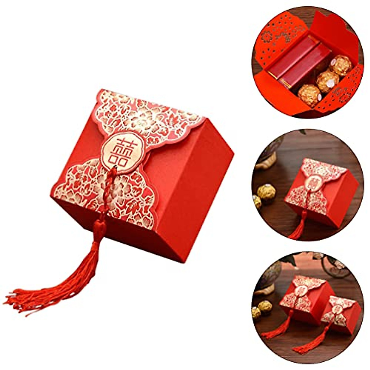 KESYOO 20pcs Wedding Party Favor Boxes Chinese Style Xi Candy Chocolate Gift Boxes with Tassels for Wedding Baby Shower Birthday Party (Red) L
