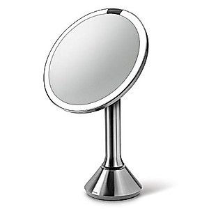 simplehuman 8" Round Sensor Tabletop Mount Makeup Mirror with Touch-Control Dual Light Settings, 5x Magnification, Rechargeable and Cordless, Brushed Stainless Steel