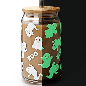 Nefelibata Halloween Ghosts Beer Can Glass Fall Iced Coffee Glass 16 OZ Spooky Season Glass with Lid Metal Straw And Cleaning Brush October Boo! Drinking Cup Gifts for Him Her
