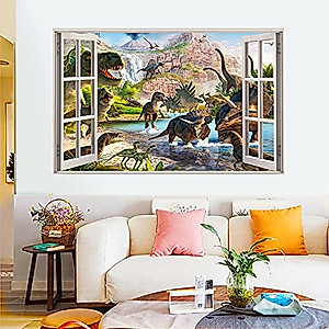 3D Watercolour Dinosaur World Fake Windows Wall Sticker,Peel and Stick Removable Decals for Kids Nursery Bedroom Playroom Living Room Decoration（27.55"x17.32"）