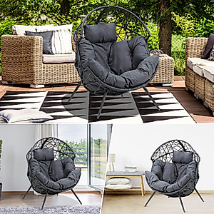 STRPRETTY BASIC Egg Chair - Outdoor Patio Egg Chair Indoor Wicker Egg Chair Basket Lounger Chair with Cushion and Stand for Living Room Patio Backyard (Dark Gray)