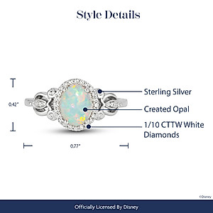 Jewelili Enchanted Disney Fine Jewelry Sterling Silver 8X6 MM Created Opal and 1/10 Cttw Natural White Round Diamond Cinderella Ring, Size 9