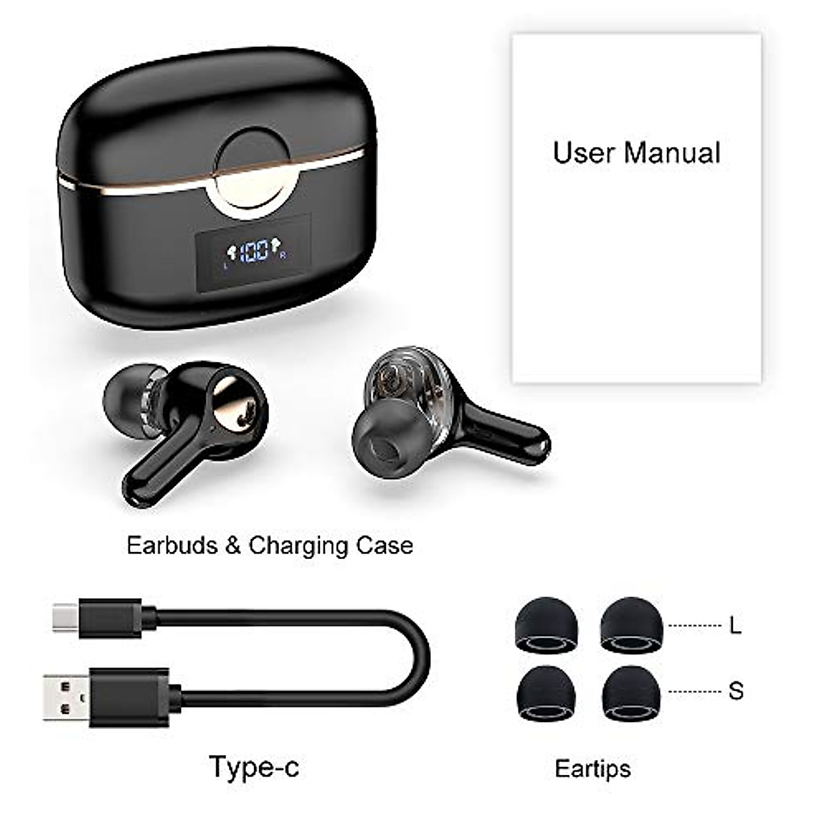 Bluetoth Headphones 4 Dynamic Drivers Wireless Earbuds 40Hrs Playtime with LED Display Charging Case Touch Control in-Ear Earphones with Mic Premium Deep Bass Headset for Sport Black