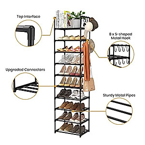 ROJASOP Tall Shoe Rack 10 Tiers Narrow Shoe Rack 20-24 Pairs Vertical Shoe Rack Space Saving Stackable Tall Shoe Rack for Closet Entryway Durable Shoe Shelf Storage Metal Shoe Tower with 8 Hooks