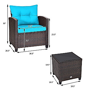 Toolsempire 3 Pieces Wicker Patio Furniture Set, Outdoor Sofa Set with Water-Resistant Cushion & Tempered Glass Table, Outdoor Conversation Set Bistro Set for Garden, Balcony, Poolside(Turquoise)