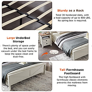 T4TREAM Farmhouse King Size Bed Frame w/Storage Bookcase Headboard, Sliding Barn Door, Charging Station, Rustic Wood Platform Bed w/Wood Slats Support, No Box Spring Needed, Antique White