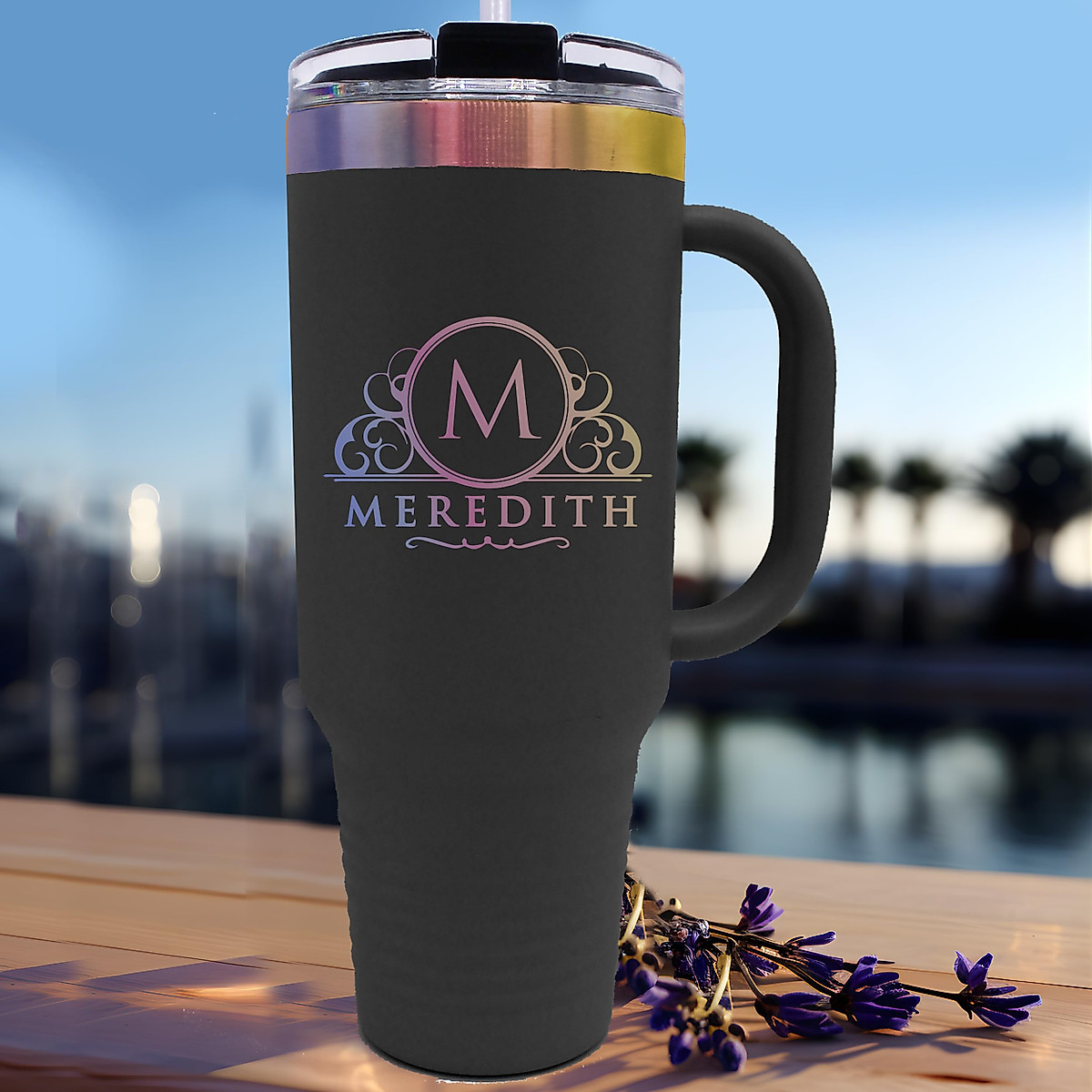 Custom Monogrammed 40 oz Tumbler with Handle, Lid and Straw - Personalized Insulated Stainless Steel Large Cup (Black with Prism)