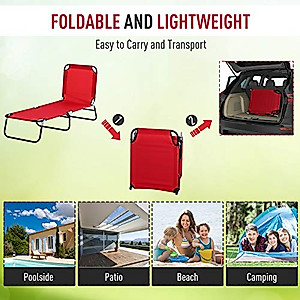 Outsunny Folding Chaise Lounge Pool Chairs, Outdoor Sun Tanning Chairs with Pillow, Reclining Back, Steel Frame & Breathable Mesh for Beach, Yard, Patio, Red