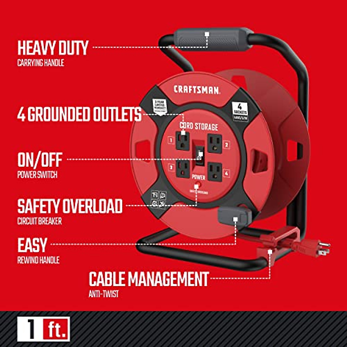 CRAFTSMAN Retractable Extension Cord Reel 1 Ft. With 4 Outlets, Cable Management & Heavy Duty 14AWG SJTW Cable