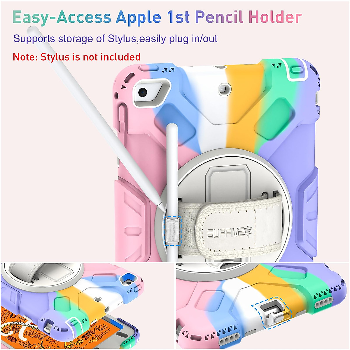 SUPFIVES Case for iPad Mini 5 2019, iPad Mini 4 Case for Kids Military Grade Protective Rugged Case with Shoulder Strap + Kickstand + Pencil Holder for iPad Mini 5th/ 4th Generation 7.9 inch- Rainbow