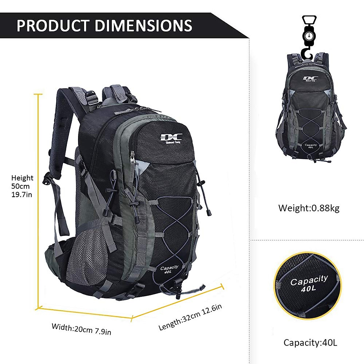 Diamond Candy Waterproof Hiking Backpack for Men and Women, Lightweight Day Pack for Travel Camping, Black, 40L