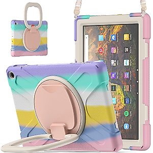 360 ° Rotation Portable Case for Fire HD 10 & 10 Plus Tablet（11th Generation, 2021 Release Rugged Case Rotating Stand Hand Strap Shoulder Carrying Strap Outdoor Cover (Colourful Pink)