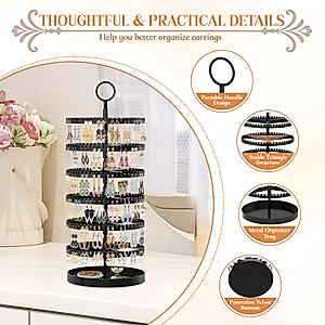 iDavosic.ly 6 Tier Rotating Earring Holder Organizer with Metal Tray, Adjustable Plastic Earring Display Stands Tree with 342 Grooves, Large Earring Storage Rack Tower for Hoop Dangle, Black
