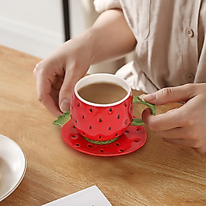 Noviko Ceramic Tea Cup and Saucer Coffee Mug Strawberry Coffee Cup with Saucer - 8 Ounce (Red)