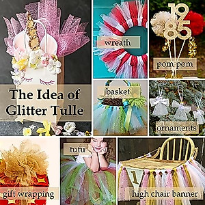 Black Glitter Tulle Fabric with Ribbon, 6 Inch by 50 Yards (150ft) Sequin Tulle Roll for Tutu Gift Wrapping Wedding Decoration DIY Crafts Party Backdrop