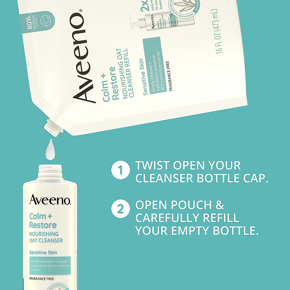 Aveeno Calm + Restore Nourishing Oat Facial Cleanser for Sensitive Skin, Gentle Face Wash with Nourishing Oat & Calming Feverfew, Hypoallergenic, Fragrance-Free, Refill Pouch, 16 fl. oz