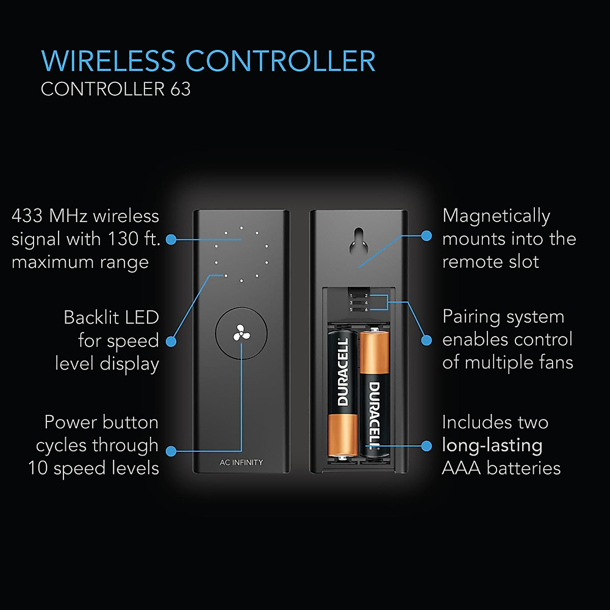 AC Infinity Controller 63, Wireless Remote Controller with 10 Fan Speed Programming, Cooling and Ventilation for CLOUDLINE Airlift CLOUDWAY Fans