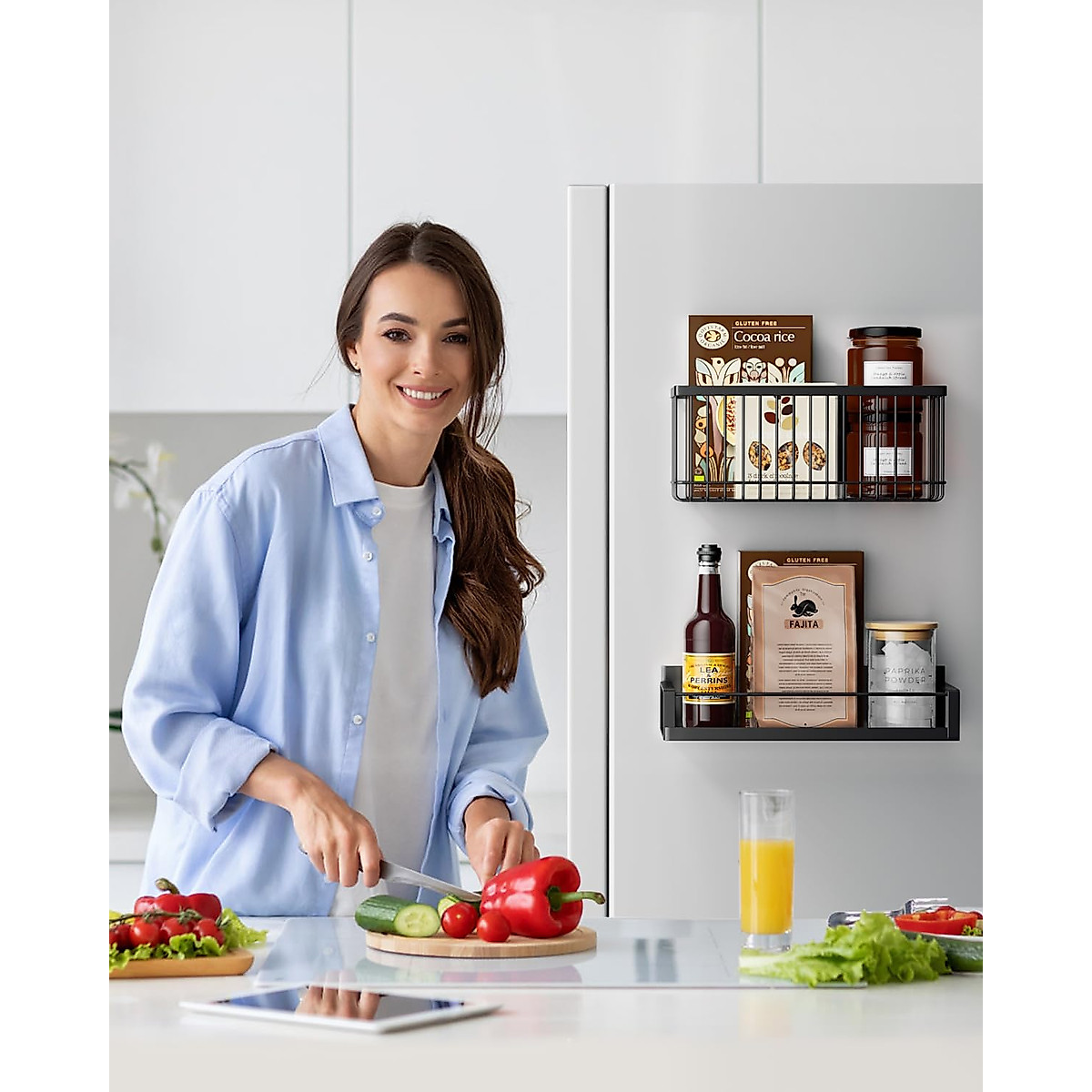 ALLZONE Magnetic Spice Rack for Refrigerator, 5 Pack Fridge Spice Organizer, Strong Magnet Shelf with Wrap Rack and Utensil Hook, Removable Side Fridge Storage Rack for Kitchen