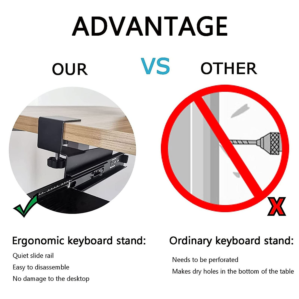 Keyboard Tray Under Desk, Pull Out Keyboard Tray with C Clamp, Computer Drawer for Typing, Ergonomic Desk Computer Keyboard Stand, Perfect for Home or Office