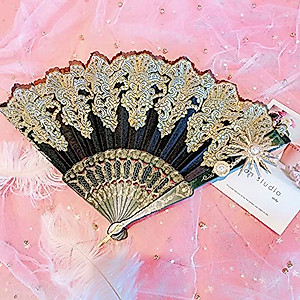 Simple polymer Folding Hand Fans Lace Handheld Fan European Retro Folding Fan Chinese Folding Fan for Dancing Props Cosplay Wedding Gift Party Favors,Black