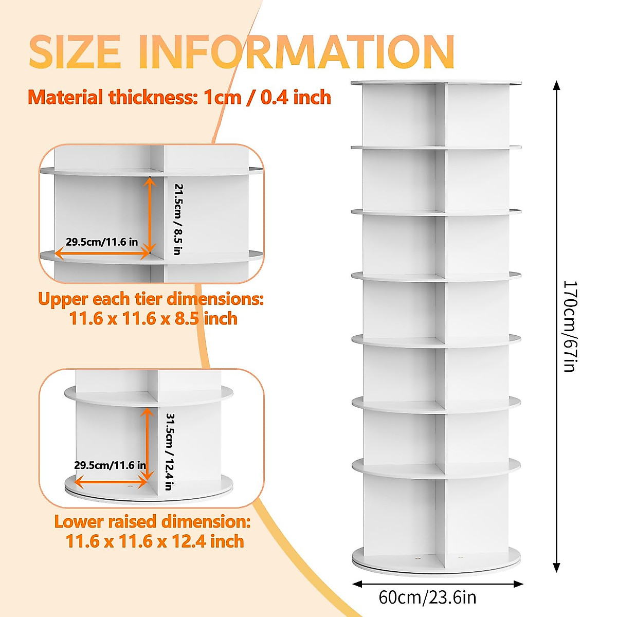 GOOFCXO 7 Tier Rotating Shoe Rack Tower, 360° Revolving Free Standing Shoe Organizer High Bottom Design Shoe Tower Spinning Storage Lazy Susan Multifunctional Rotate Shoes Closet Organization (White)