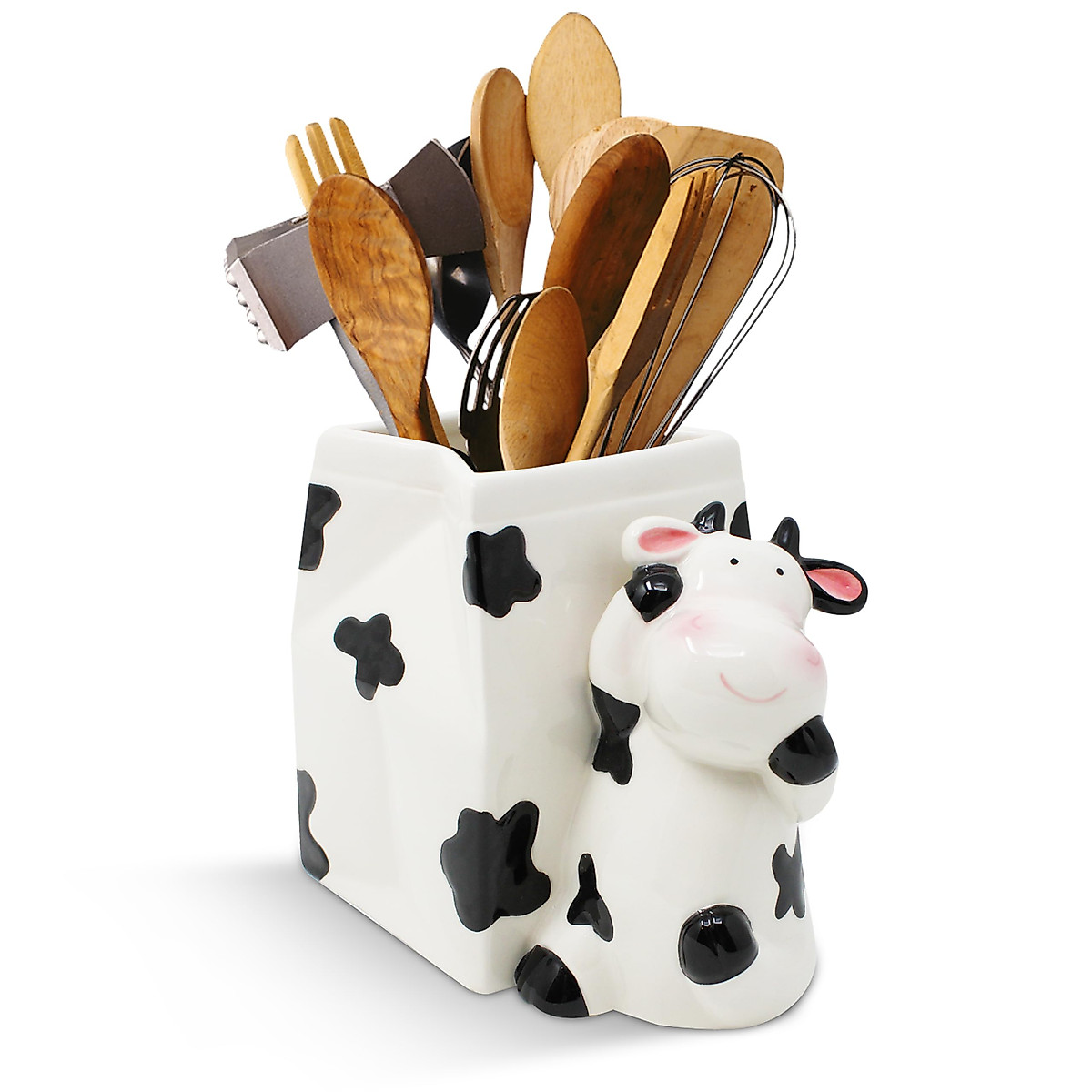 Cow Utensil Holder | Kitchen Crock Storage Gift | Kitchen Decor | Cow Print Theme La Vaca | Farmhouse Hoedown Decoration Holiday | Cute Cow Countertop Vase by Sixdrop