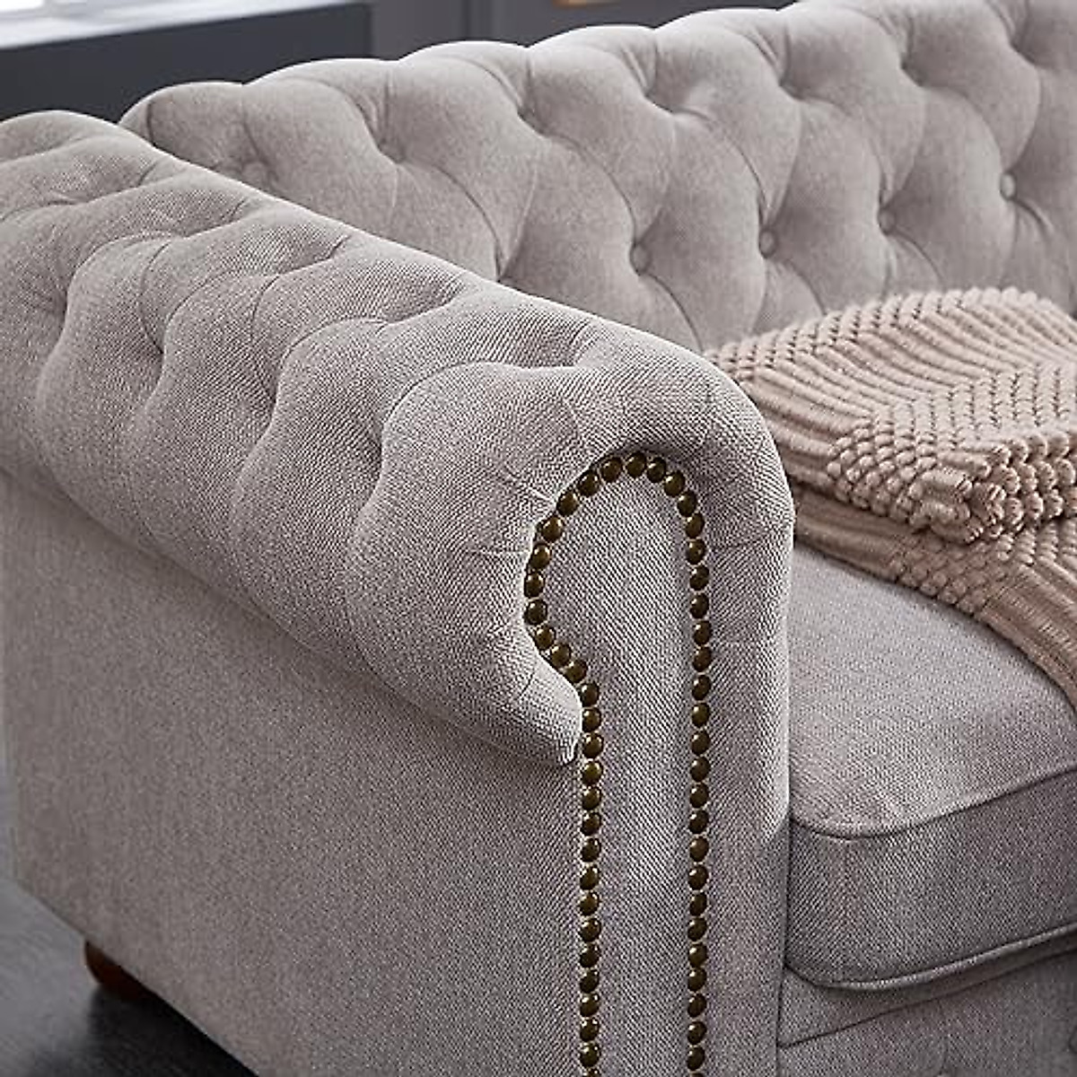 ERYE 88.5" 3-Seaters Chesterfield Sofa&Couch, Clasic Luxury Roller Armrest Special Wood Legs Sectional,Button Tufted Linen Upholstered Modular Sofa Couch with Removable Cushions & Nailhead Decor