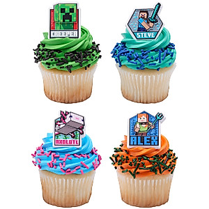 DecoPac Minecraft Lush Finds Rings, Cupcake Decorations Featuring Creeper, Alex, Steve and Axolotl! Multicolored 3D Food Safe Cake Toppers – 24 Pack