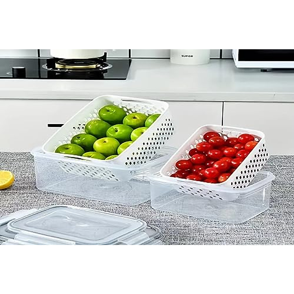 Large Size Food Storage & Fresh Produce Container with Built-in Removable Strainer - Fresh Produce Saver - BPA-Free, Leak-Proof Lid (Large)
