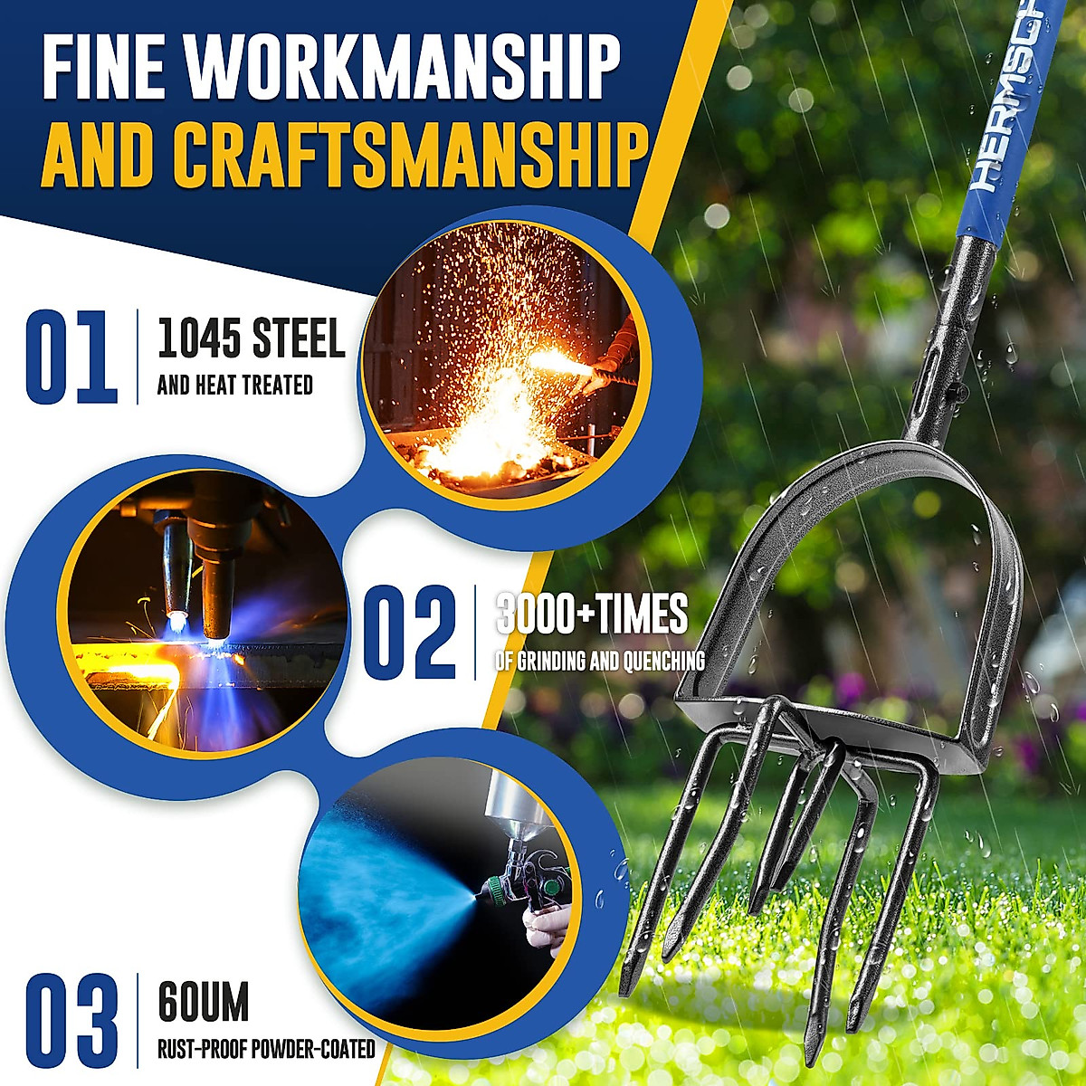 Hermsche Garden Tiller Manual Hand Tiller Garden Claw Cultivator Twist Tiller for Gardening Tool Long Handle Adjustable Steel Heavy Duty Lawn Aerator Soil Loosener Garden Tool Bed Plant Flower Box