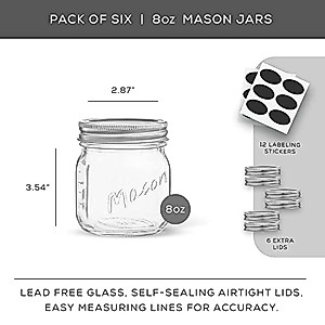 JoyJolt 8 Oz Mason Jars With Lids, Labels and Measures! 6-Pack Regular Mouth Mason Jars, Glass Jar with Lid and Band. Airtight Canning Jars, Overnight Oats Jars, Salad Jars, Sourdough Starter Jar