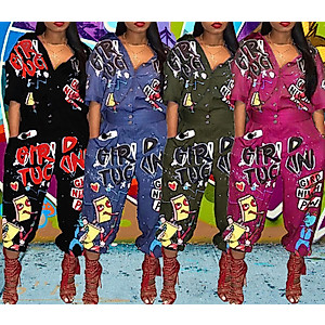 LKOUS Women's Casual Cartoon Printing Short Sleeve High Waist One-piece Button PlaySuit JumpSuit Romper, Black, XX-Large