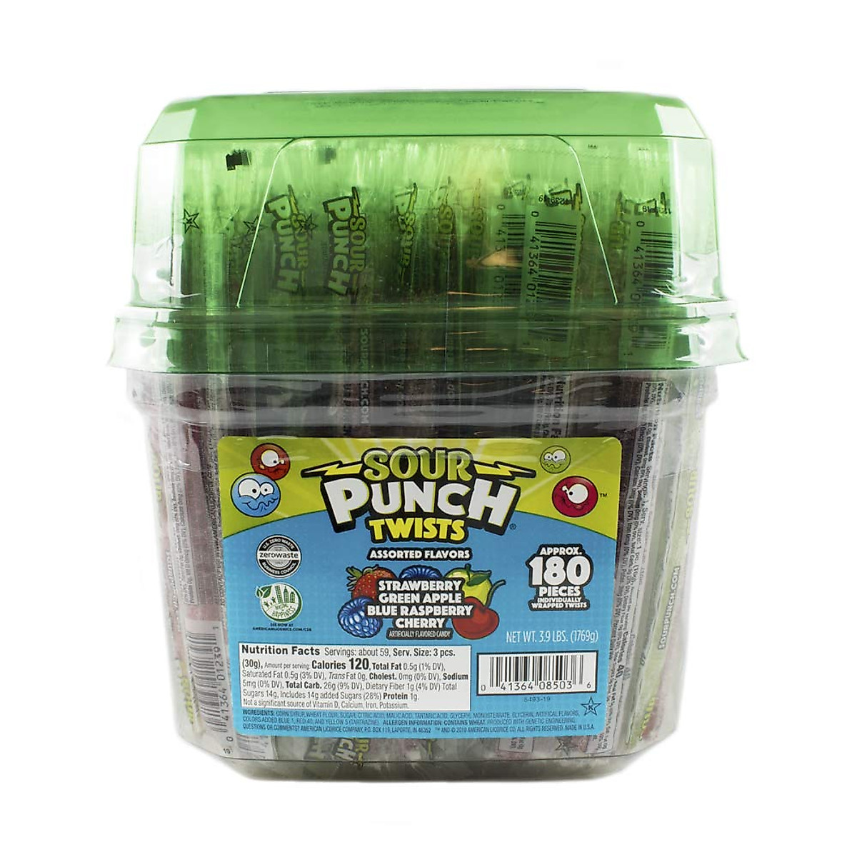 Sour Punch Twists, 6" Individually Wrapped Soft & Chewy Candy Tub, 4 Fruit Flavors, 62.4 Oz