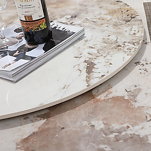 Voohek, White+Brown 9-Piece Modern Dining Room Set, with 8 Upholstered Chairs, Sintered Stone Table w/Round Turntable and Metal Exquisite Pedestal, Family Furniture for Home, Kitchen