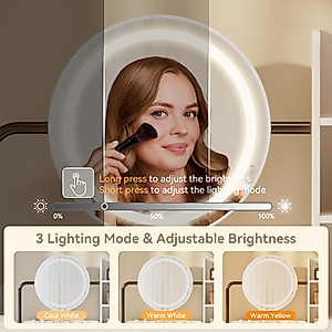 Dowinx Vanity Desk with LED Lighted Mirror & Power Outlet, White Vanity Desk with Adjustable 3 Lighting Modes, Small Vanity Desk for Bedroom, Makeup Vanity with Chair for Girl, White and Black