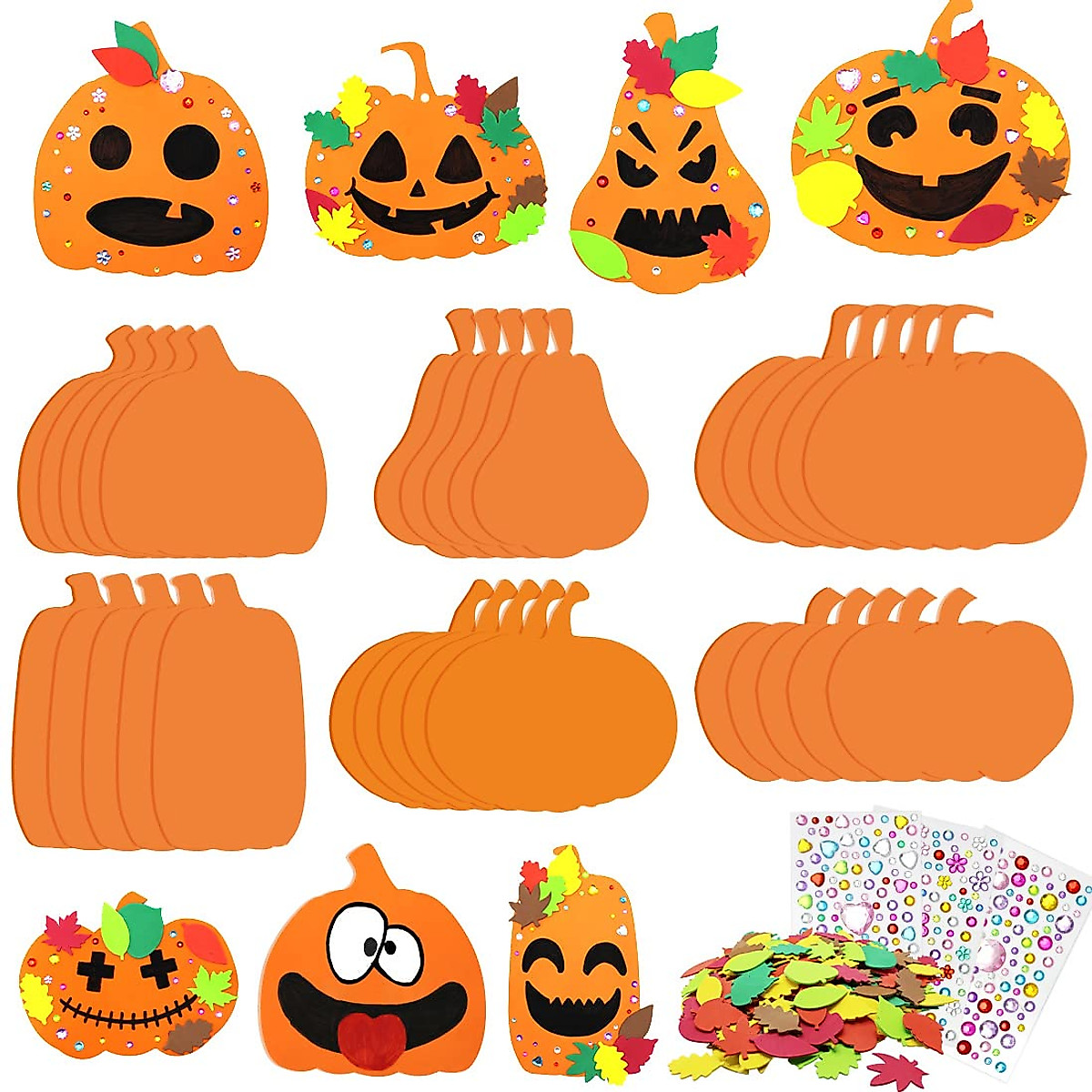 Hifunwu 30Pcs Halloween Foam Pumpkin Craft Kit Decorations with Foam Fall Maple Leaves Rhinestone Stickers for Halloween Thanksgiving Kids Art Crafts Decorations